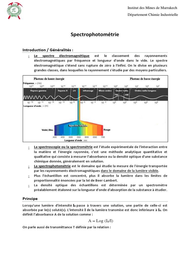 TP Spectrophotométrie IMM | PDF | L'absorbance | Spectrophotométrie
