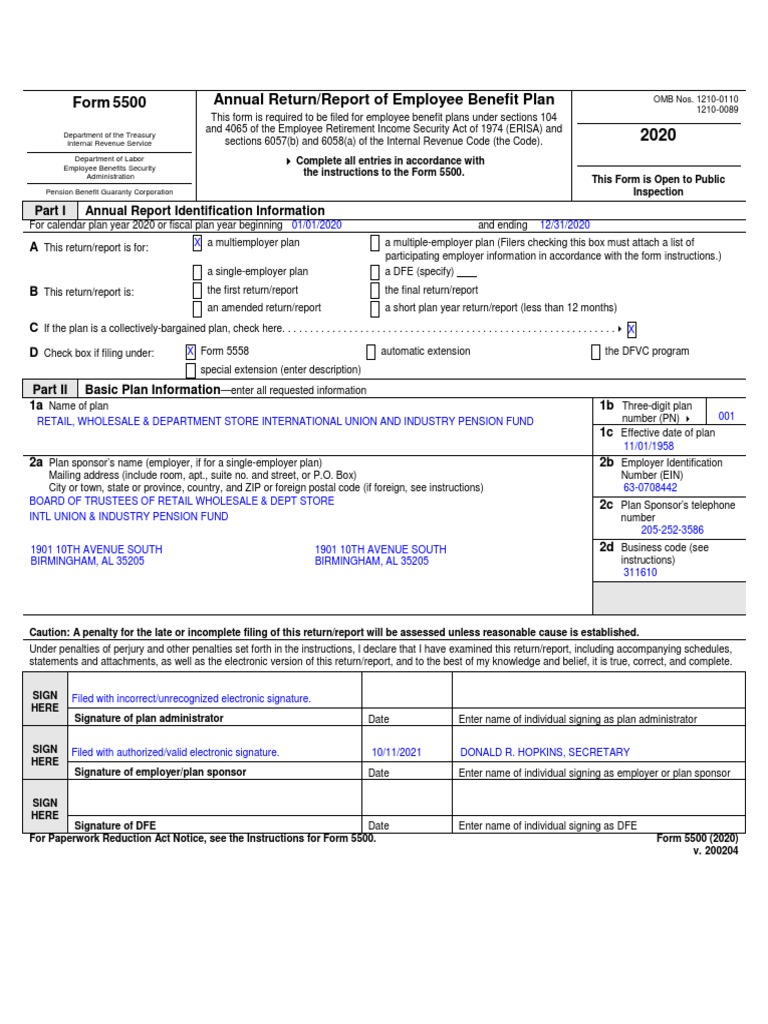 DOL RDWSU 2020 Form 5500 | PDF | Pension | Defined Benefit Pension Plan