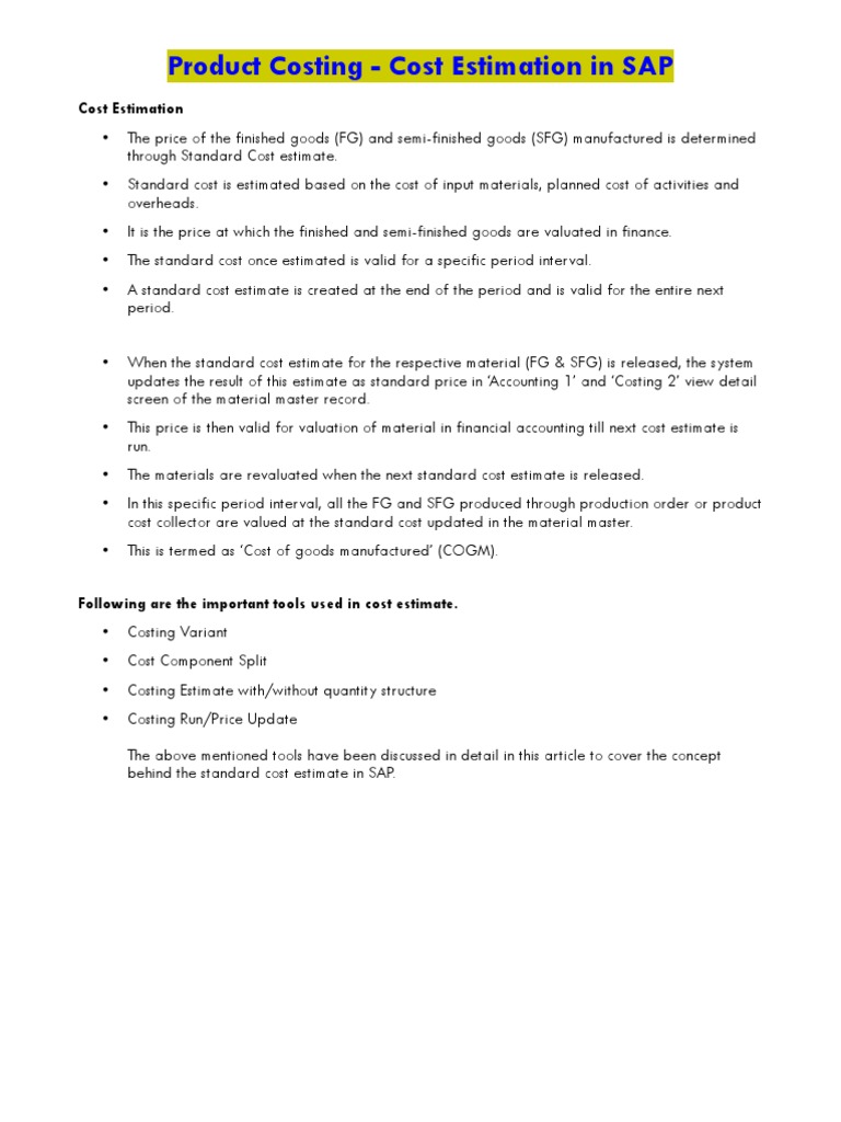 Product Costing - Cost Estimation in SAP | PDF | Cost | Debits And Credits
