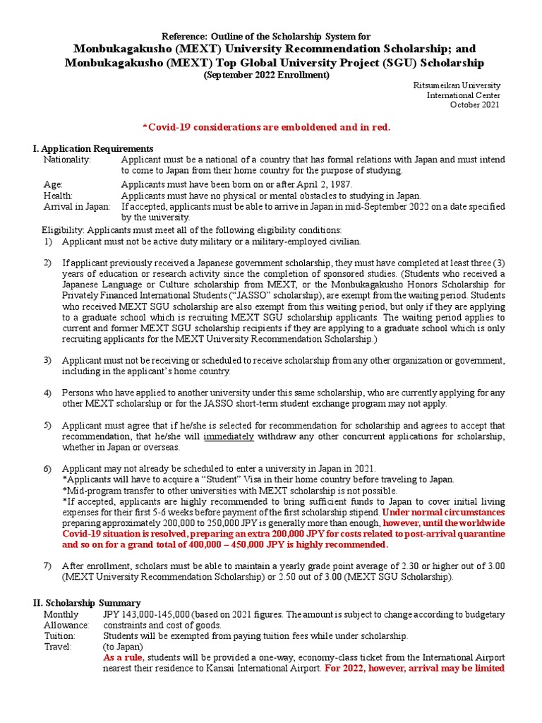 Monbukagakusho (MEXT) University Recommendation Scholarship and ...