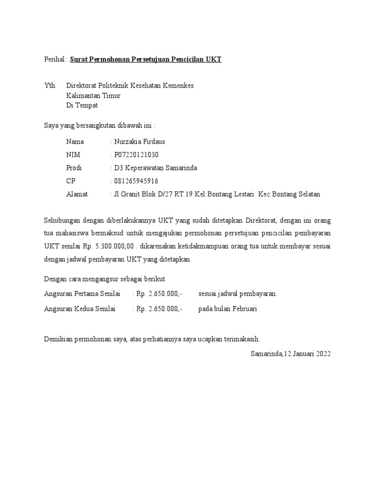 Contoh Surat Permohonan Cicilan UKT | PDF | Pengelolaan Keuangan & Uang