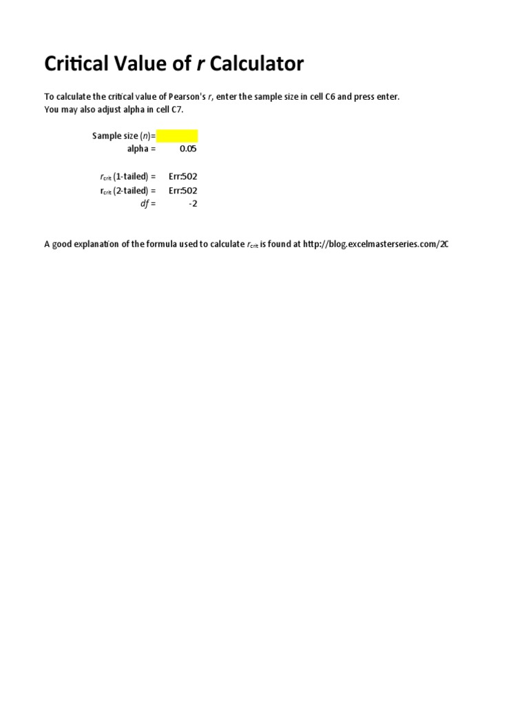 Critical Value of R Calculator | PDF