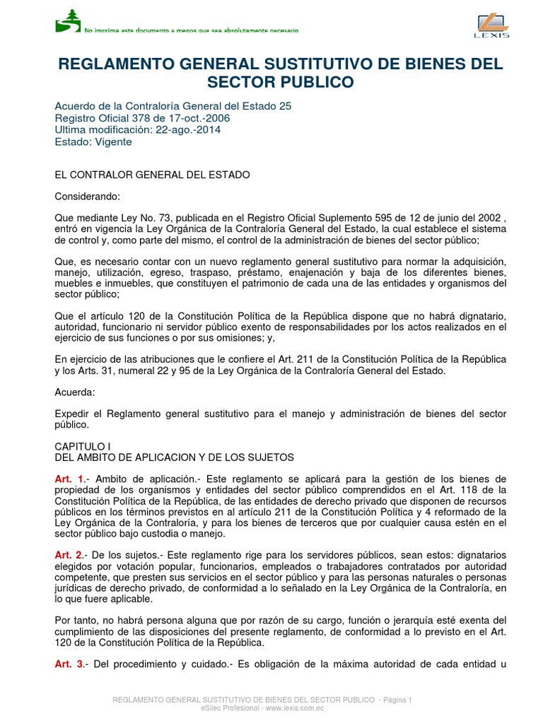 Reglamento de Bienes Sector Público, Acuerdo 025-CG, 03-Oct-2006 RO 378, 17-Oct-2006 Ultima Mod ...