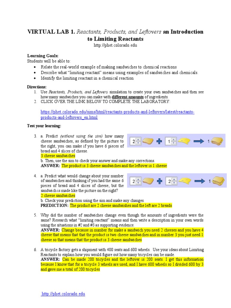 Virtual Laboratory Limiting Reactants 10TH Grade | PDF | Sandwich ...