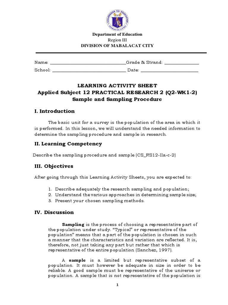 Learning Activity Sheet Applied Subject 12 PRACTICAL RESEARCH 2 (Q2-WK1-2) Sample and Sampling ...