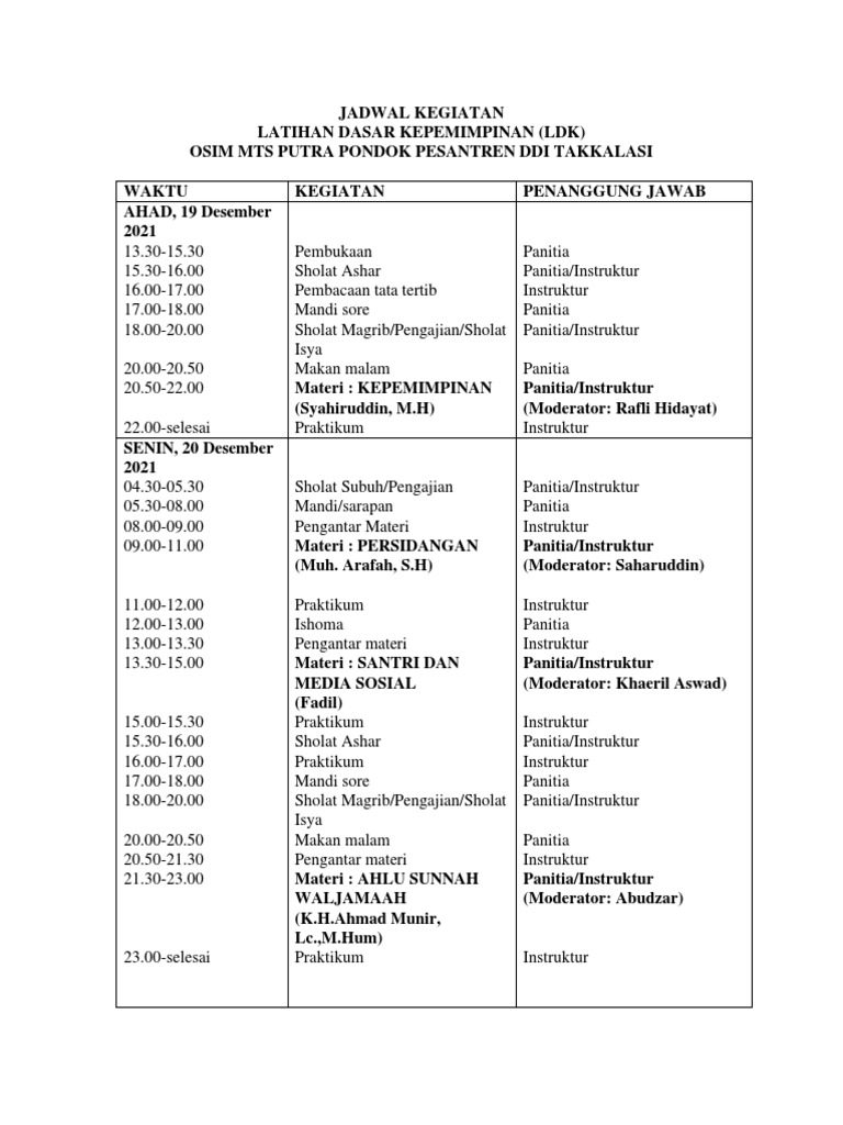 JADWAL KEGIATAN LDK MTs Putra | PDF