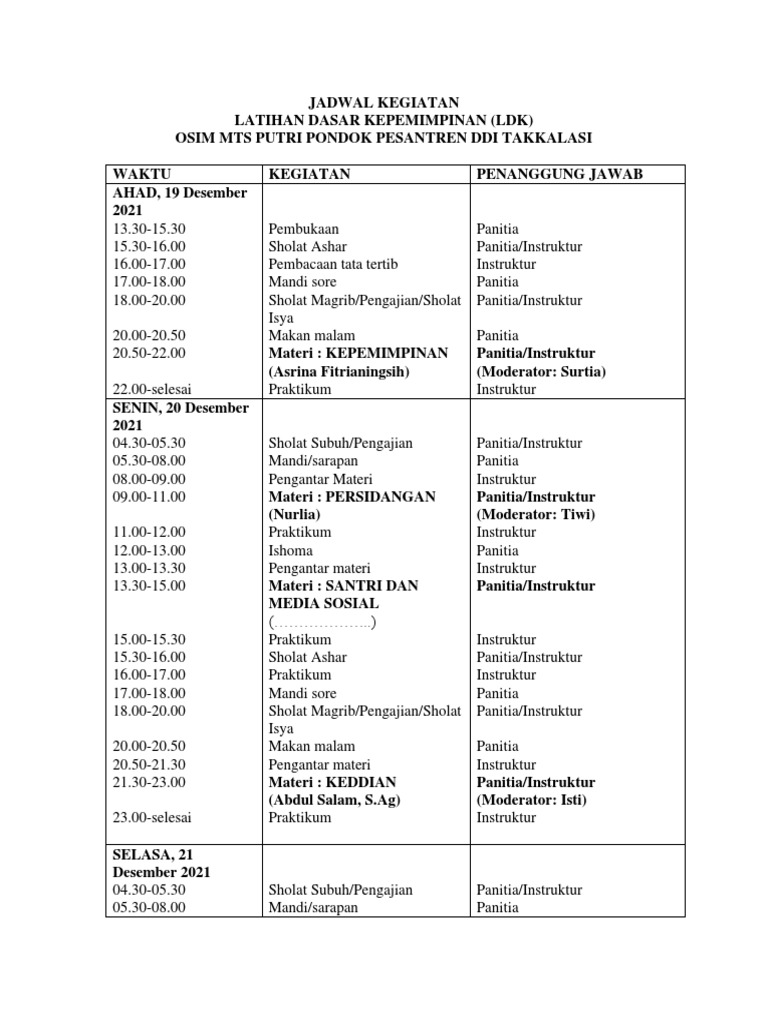 JADWAL KEGIATAN LDK MTs Putri | PDF