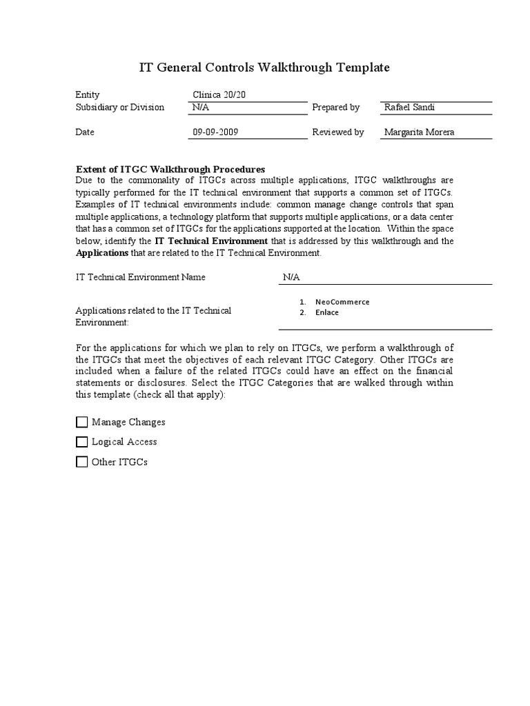 IT General Controls Walkthrough Template: Extent of ITGC Walkthrough ...