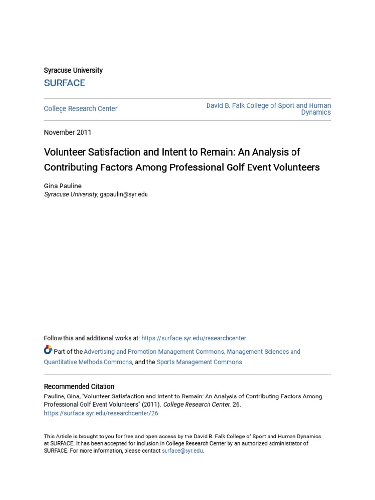 Pauline - 2011 - Volunteer Satisfaction and Intent To Remain An ...