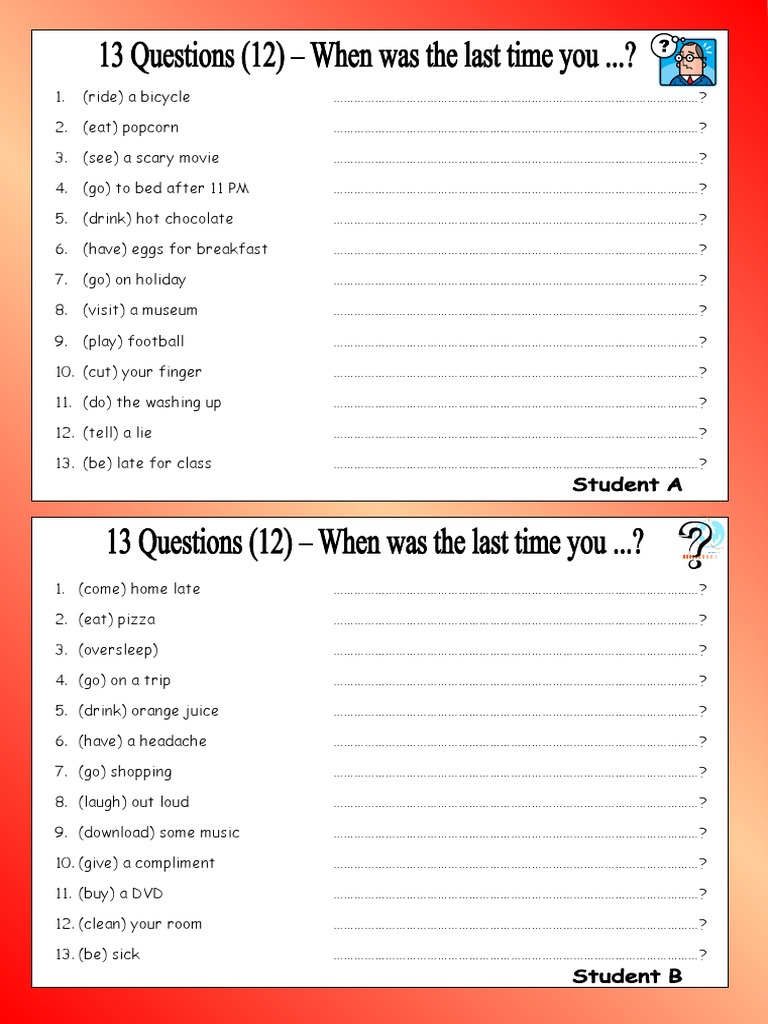 13 Questions 12 When Was The Last Time Fun Activities Games 22136 | PDF ...