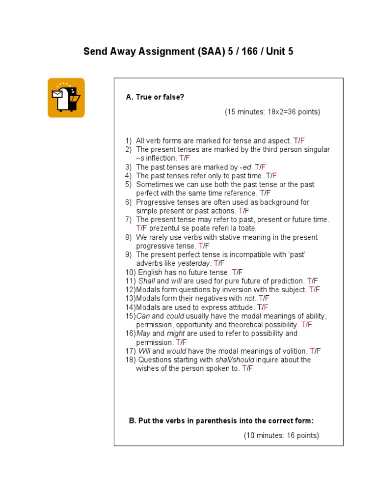 Send Away Assignment (SAA) 5 / 166 / Unit 5: A. True or False? (15 ...