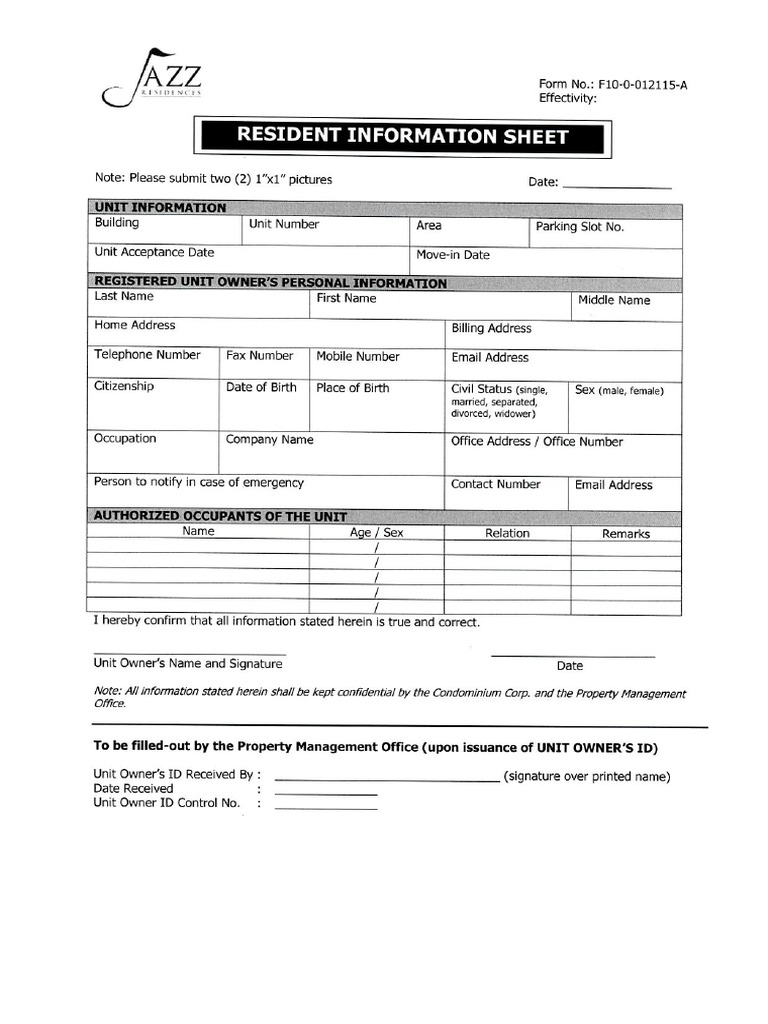 Resident Information Sheet | PDF