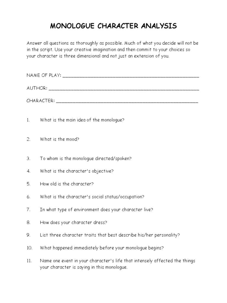 Monologue Character Analysis Guide | PDF | Language Arts & Discipline