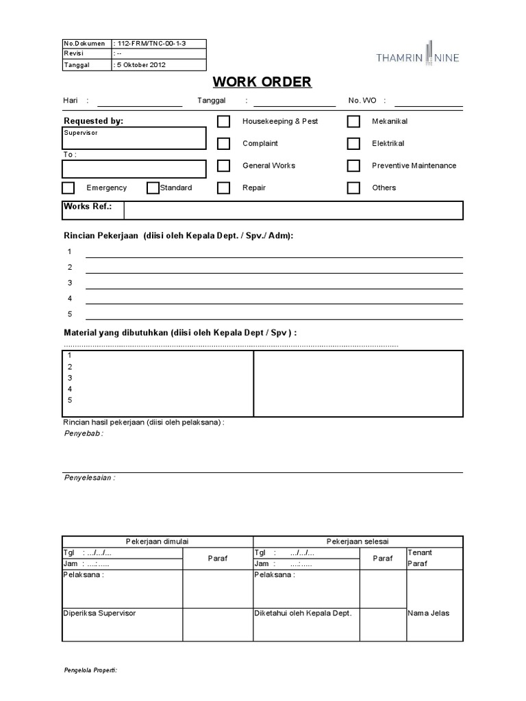 Contoh Form Work Order untuk Pemeliharaan | PDF