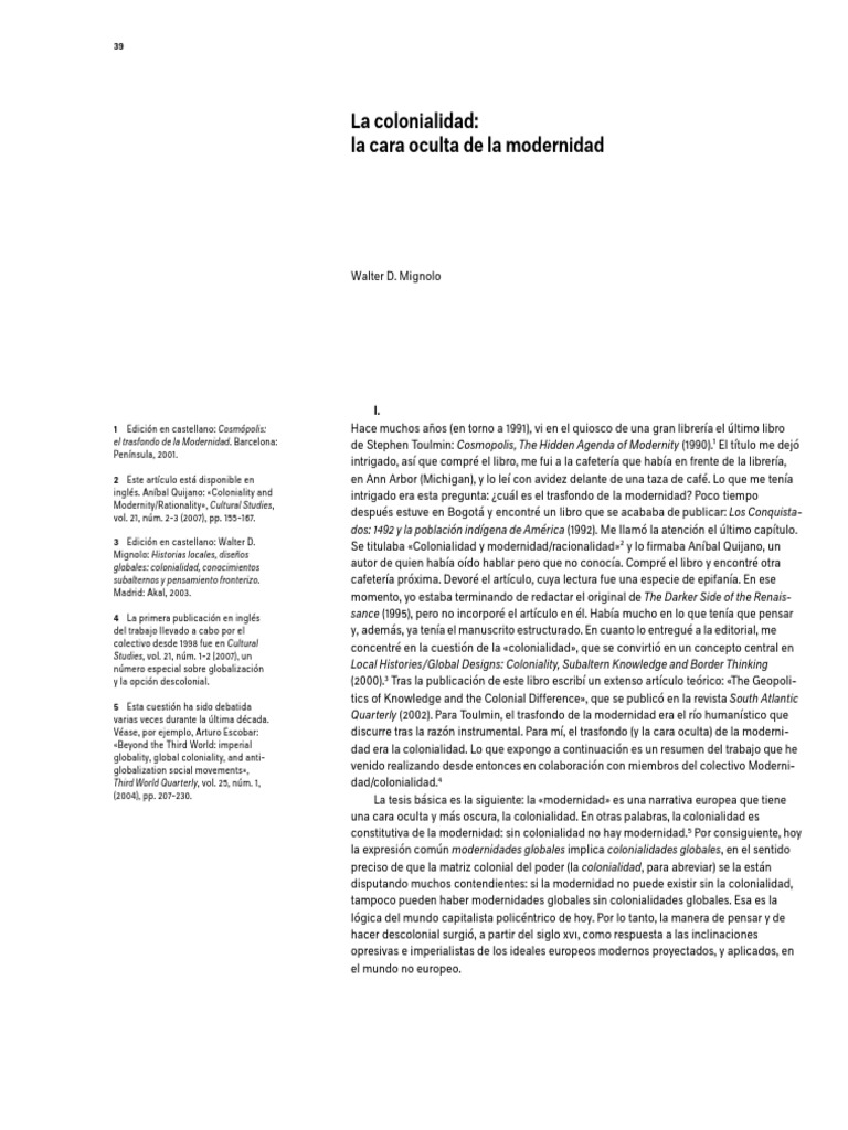 Walter Mignolo - La Colonialidad - La Cara Oculta de La Modernidad ...