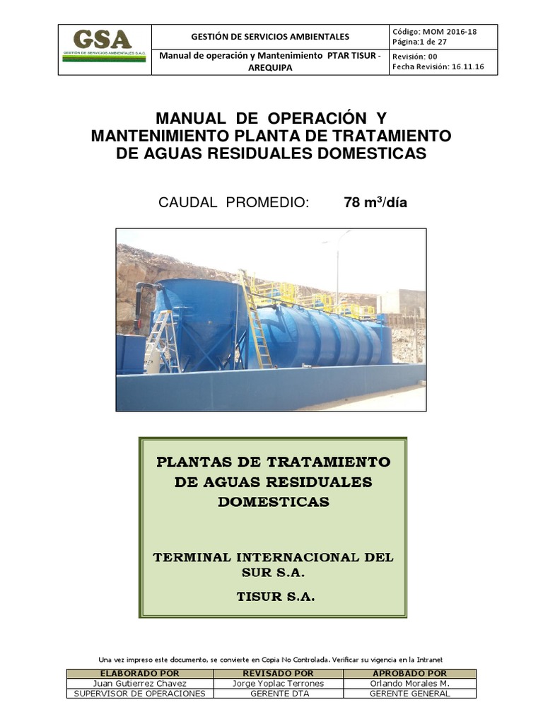 Manual de Operacion Ptar Tisur | PDF | Aguas residuales | Filtración