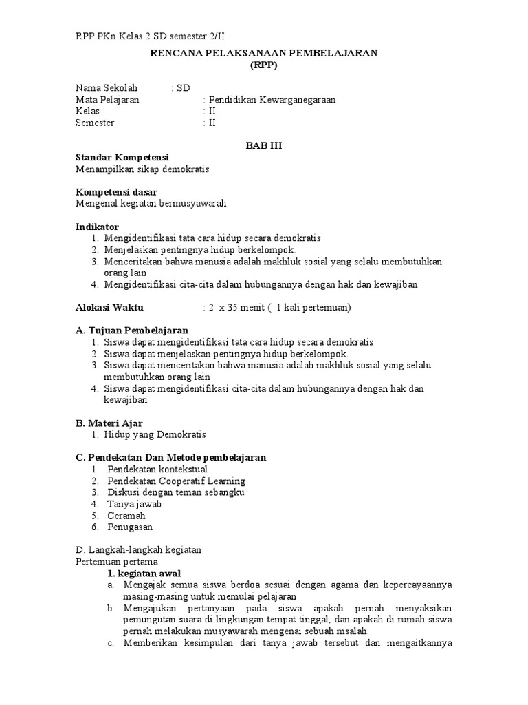 RPP-PKn-Kelas 2 SD-semester 2 | PDF