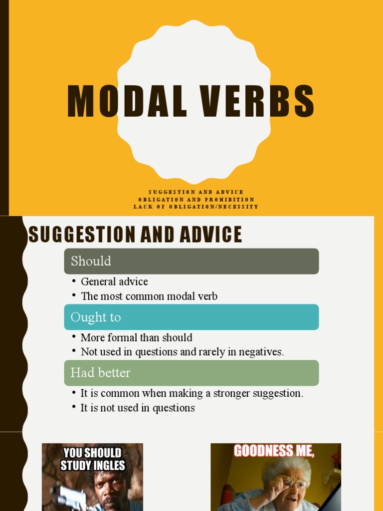 Modal Verbs: Suggestion and Advice Obligation and Prohibition Lack of ...