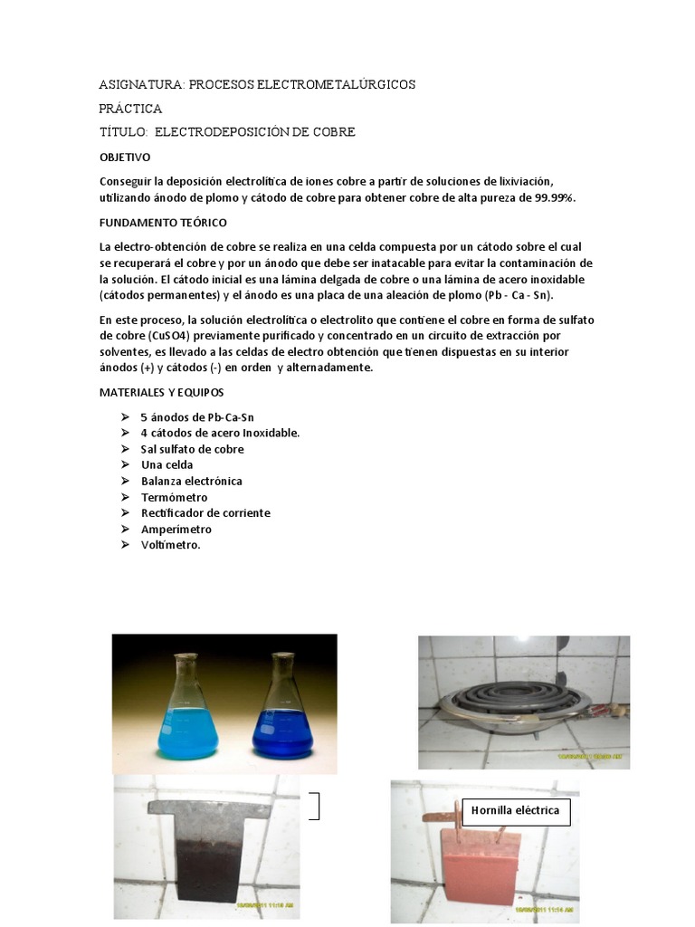 Práctica Electrodeposición de Cobre (Lab) | PDF | Cobre | Electrodo