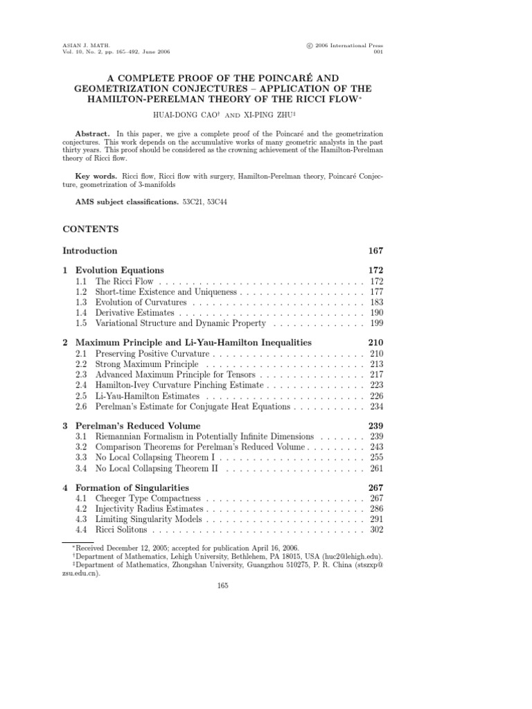 Grigory Perelman's Proof of Poincaré Conjecture | Differential Topology ...