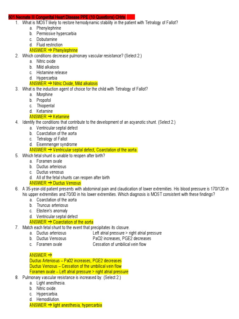 Neonate III Congenital Heart Disease PPE 10 Questions | PDF ...