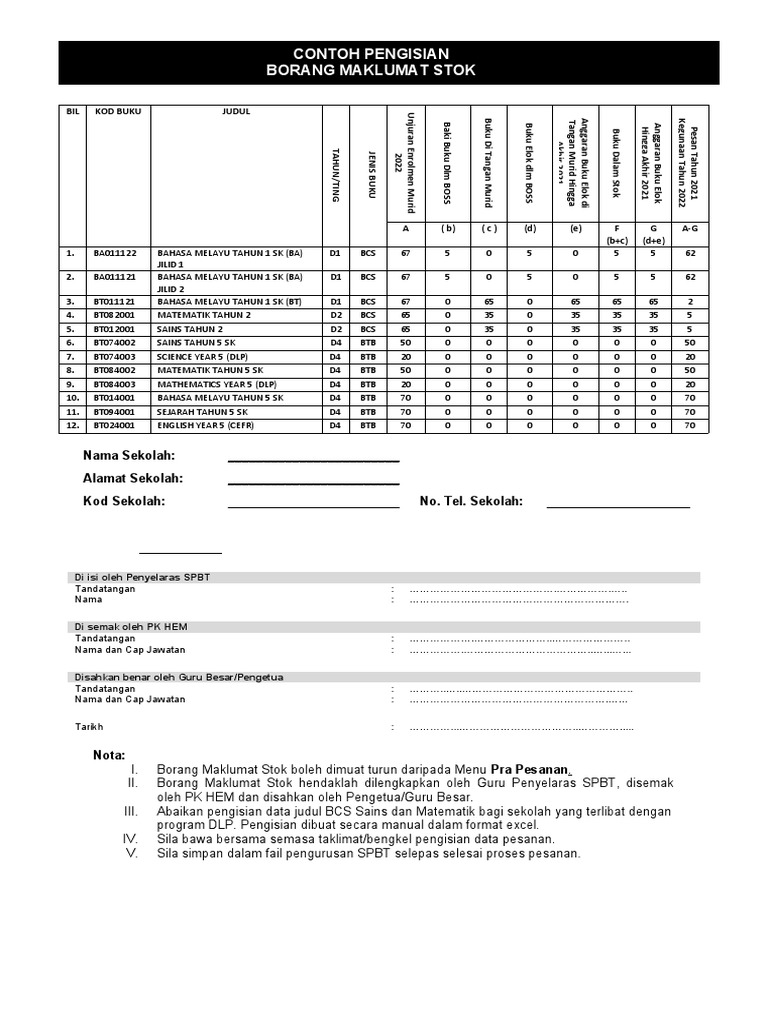 Lampiran 10-Contoh Pengisian Borang Maklumat Stok | PDF
