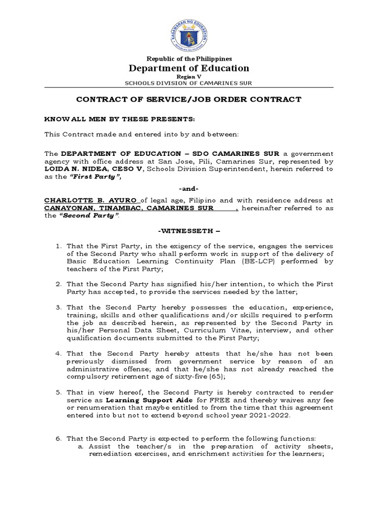 Department of Education: Contract of Service/Job Order Contract | PDF ...