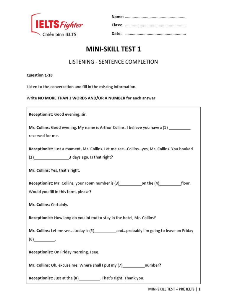 Minitest 1. Listening. Sentence Completion | PDF