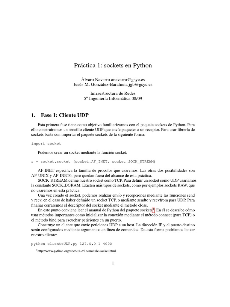Práctica 1 sockets en Python | PDF | Zócalo de red | Protocolo de Control de Transmisión