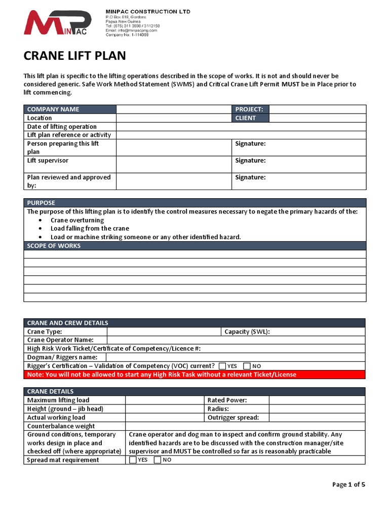 Crane Lift Plan: Company Name Project: Client | PDF | Crane (Machine ...