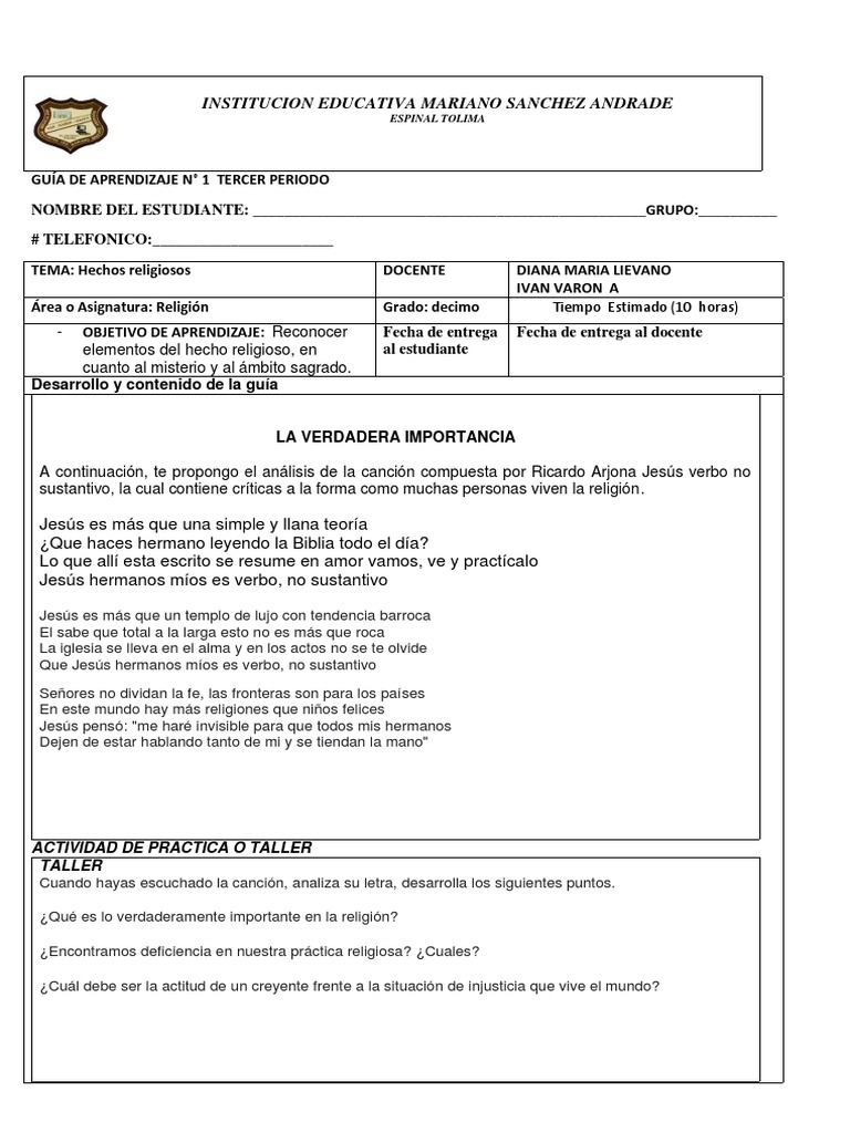 Guia 1 4 Periodo Religion Decimo | PDF | Jesús | Aprendizaje