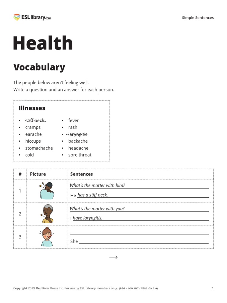 Health Vocabulary Lesson by ESL Library - Teacher Version | PDF ...