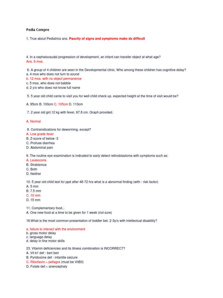 Pedia - Comprehensive Exam (Version 2) | PDF | Cough | Constipation