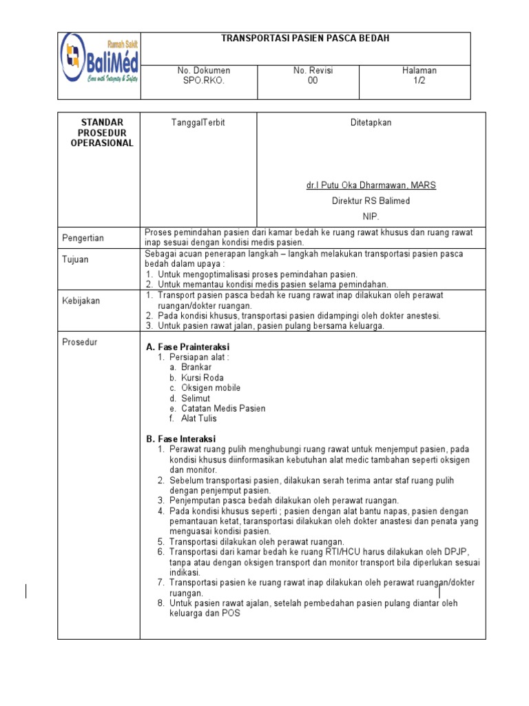 Spo Transportasi Pasien Pasca Bedah | PDF