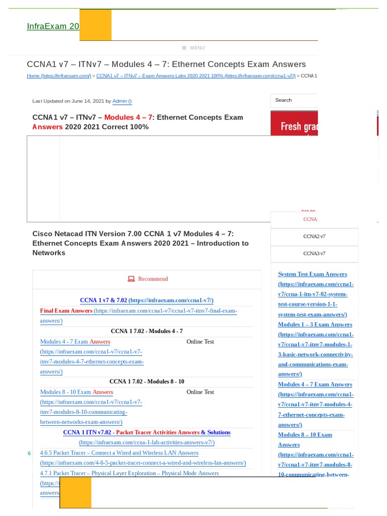 CCNA1 v7 - ITNv7 - Modules 4 - 7 - Ethernet Concepts Exam Answers - InfraExam 2022 | PDF ...