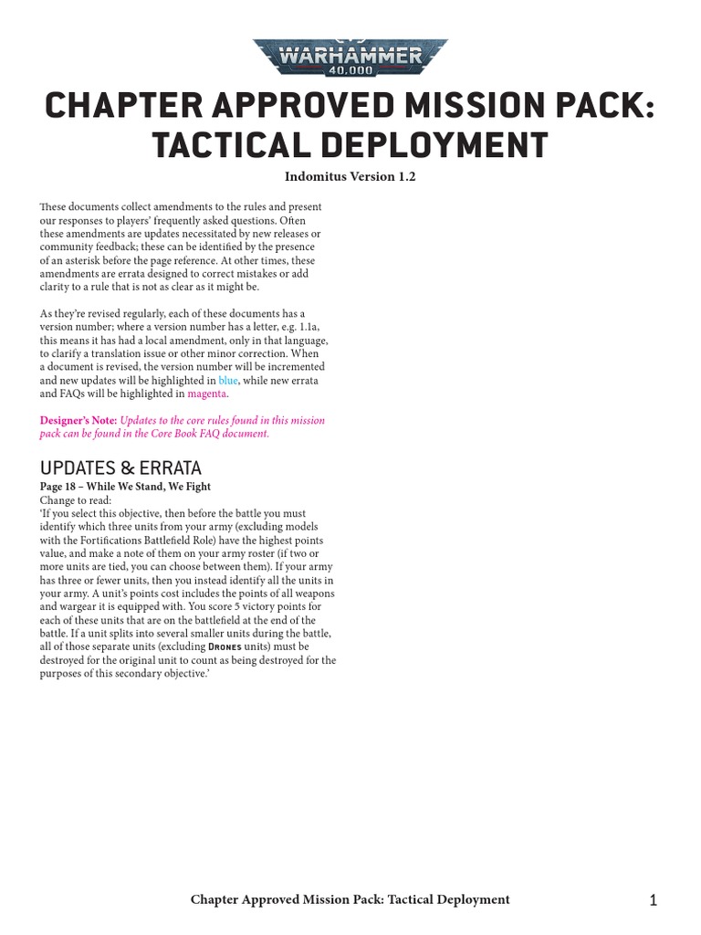 Chapter Approved Mission Pack: Tactical Deployment: Updates & Errata | PDF