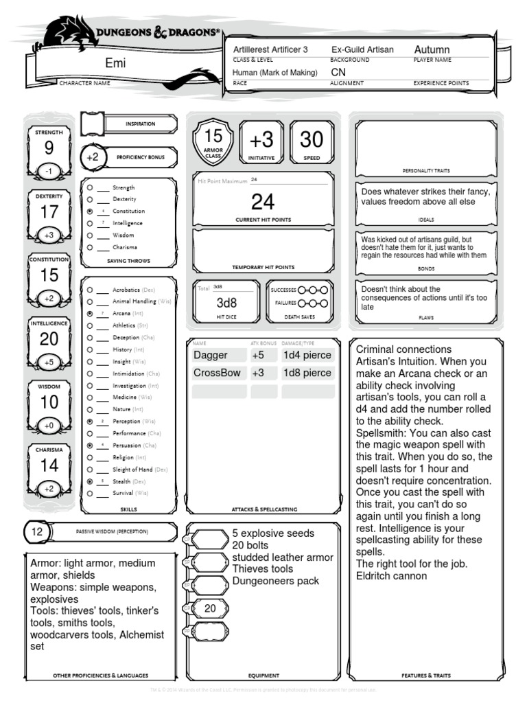 Human (Mark of Making) : Artillerest Artificer 3 Ex-Guild Artisan | PDF ...