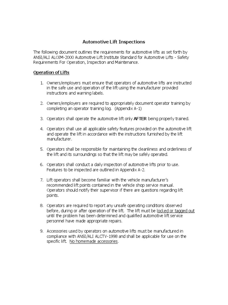 Automotive Lift Inspections: Operation of Lifts | Download Free PDF ...