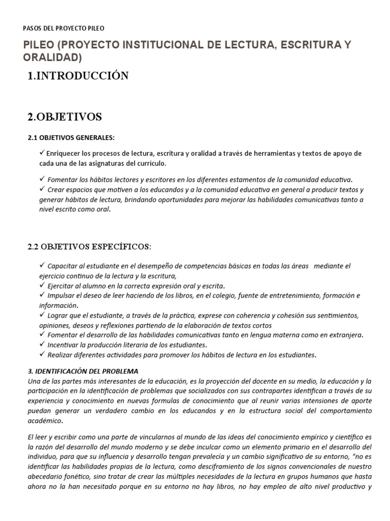 Pasos del Proyecto PILEO: Lectura y Escritura | PDF | Escritura ...