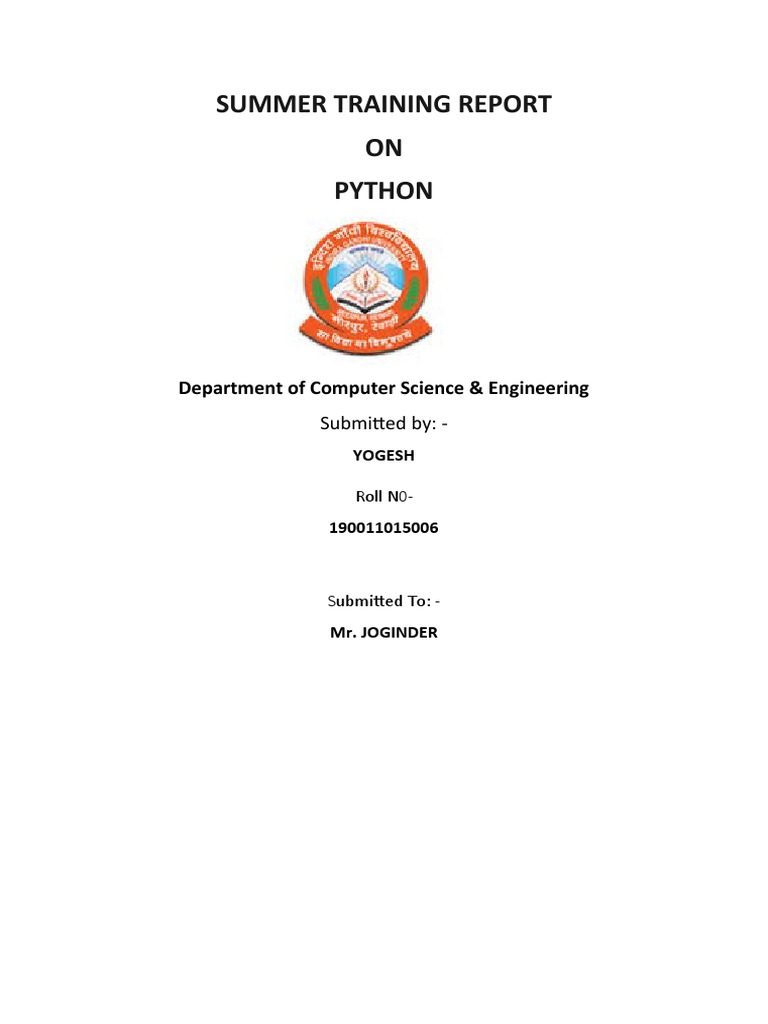 Summer Training Report ON Python: Department of Computer Science ...