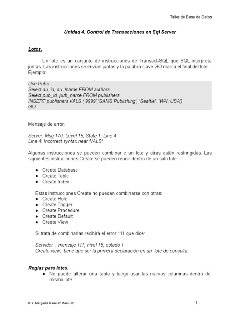 Lotes Transacciones | PDF | SQL | Servidor SQL de Microsoft