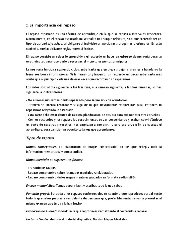 La Importancia Del Repaso | PDF | Aprendizaje | Memoria
