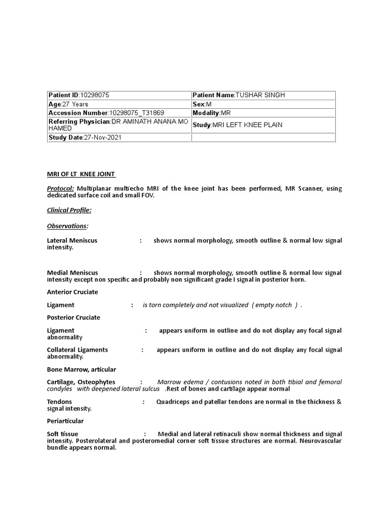 MRI REPORT OF LEFT KNEE (Tushar Singh) | PDF | Knee | Diseases And ...