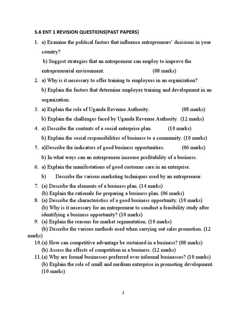 s.6 Entrepreneurship Paper 1 Revision Questions (Past Papers) | PDF | Entrepreneurship | Business