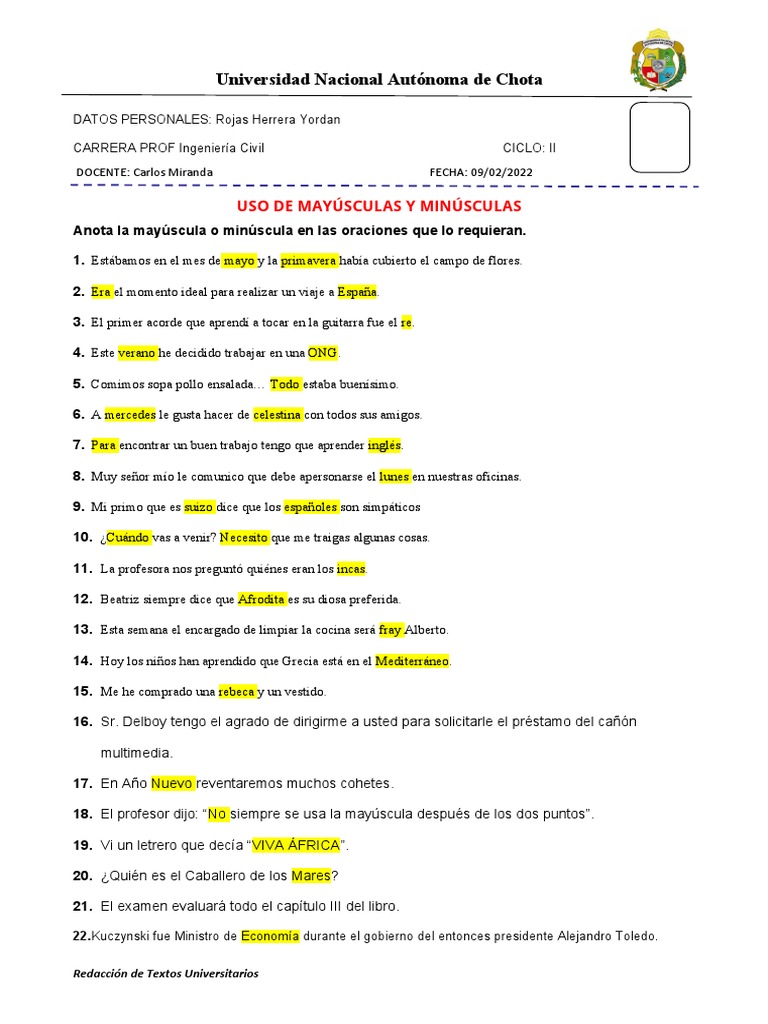 10D. Ejercicios prácticos de mayúsculas | PDF