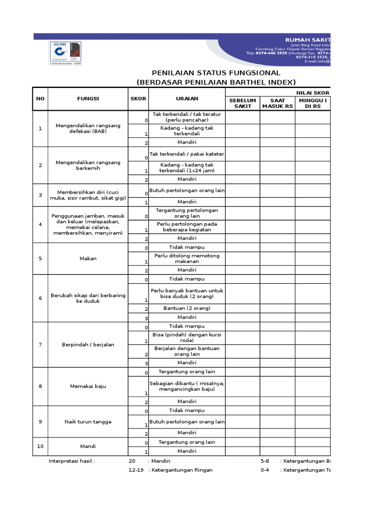 Penilaian Barthel Index untuk Fungsi ADL | PDF