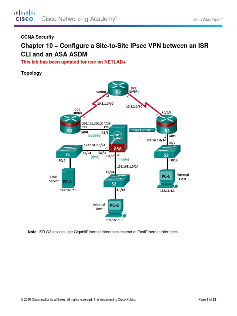 ASA 5506 10.2.1.9 Lab B - Configure A Site-to-Site IPsec VPN Using ISR CLI and ASA ASDM | PDF ...
