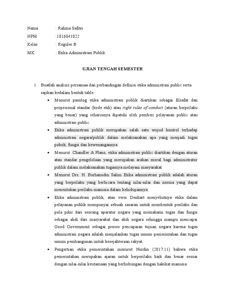 UTS Etika Administrasi Publik Rahma Safitri | PDF