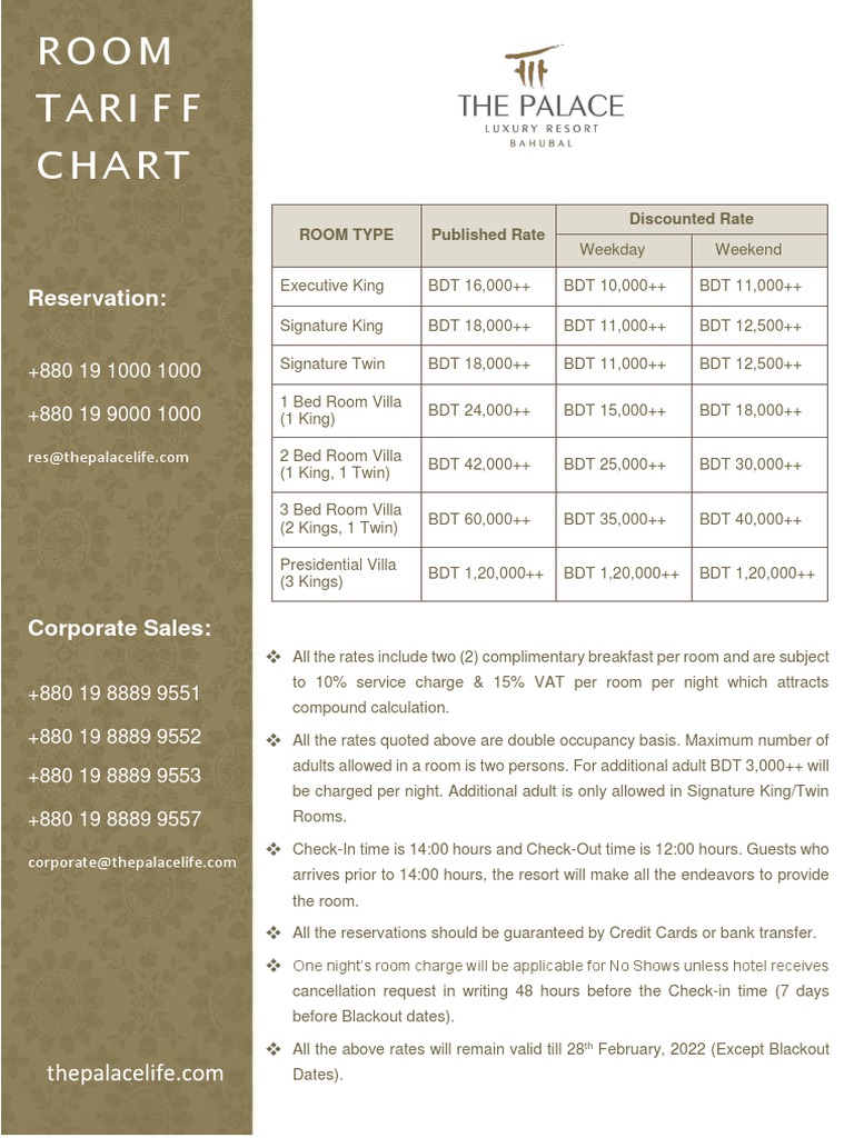 Room Tariff Chart: Reservation | PDF