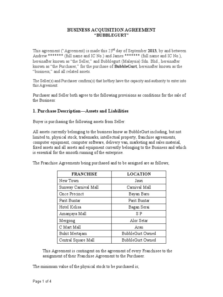 Business Acquisition Agreement | PDF | Indemnity | Franchising